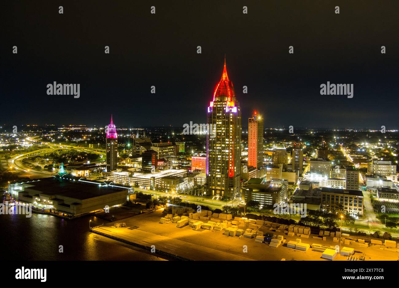 Aerial view of the Downtown Mobile, Alabama riverside at night Stock ...