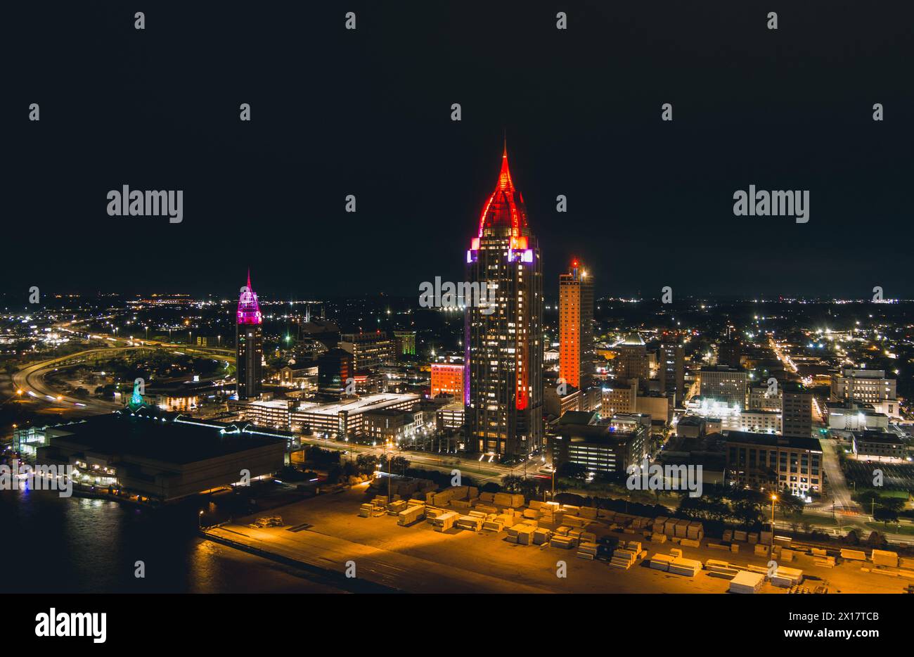 Aerial view of the Downtown Mobile, Alabama riverside at night Stock ...