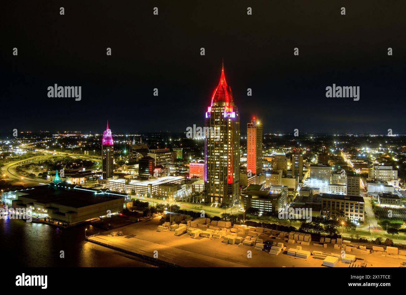 Aerial view of the Downtown Mobile, Alabama riverside at night Stock ...