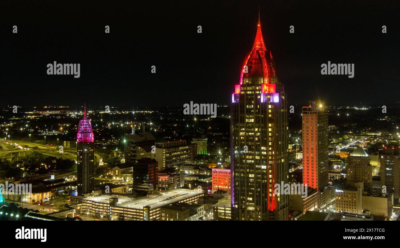 Aerial view of the Downtown Mobile, Alabama riverside at night Stock ...