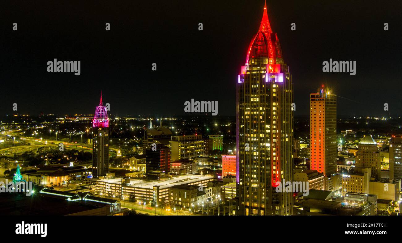 Aerial view of the Downtown Mobile, Alabama riverside at night Stock ...