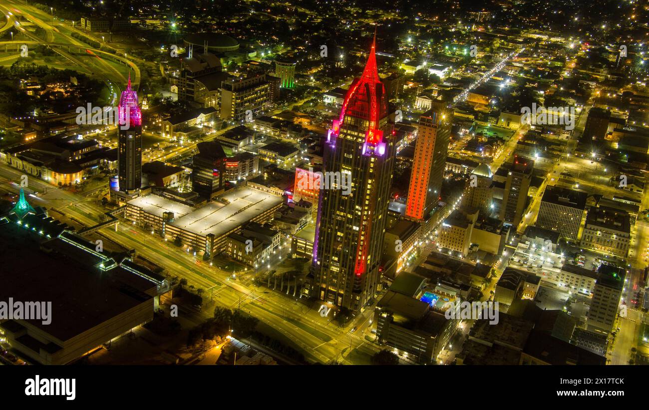 Aerial view of the Downtown Mobile, Alabama riverside at night Stock ...