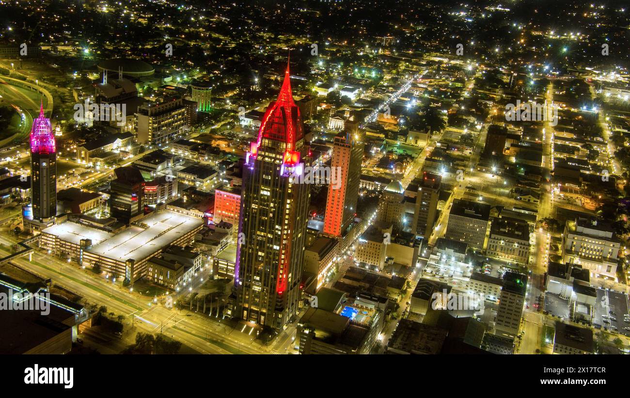 Aerial view of the Downtown Mobile, Alabama riverside at night Stock ...