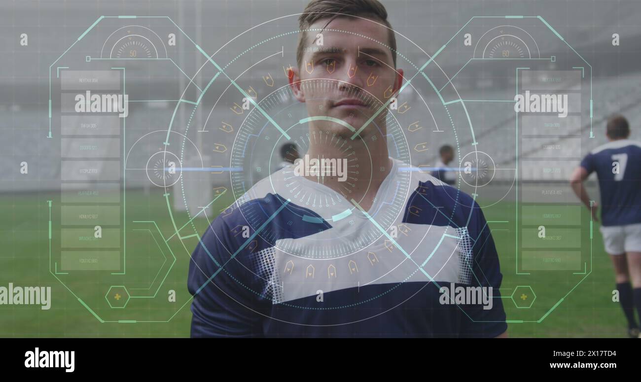 Image of data and statistics over Caucasian male rugby player standing ...