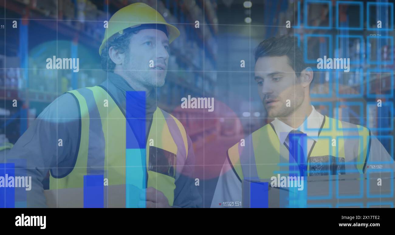 Image of data processing over two men talking, working in warehouse ...