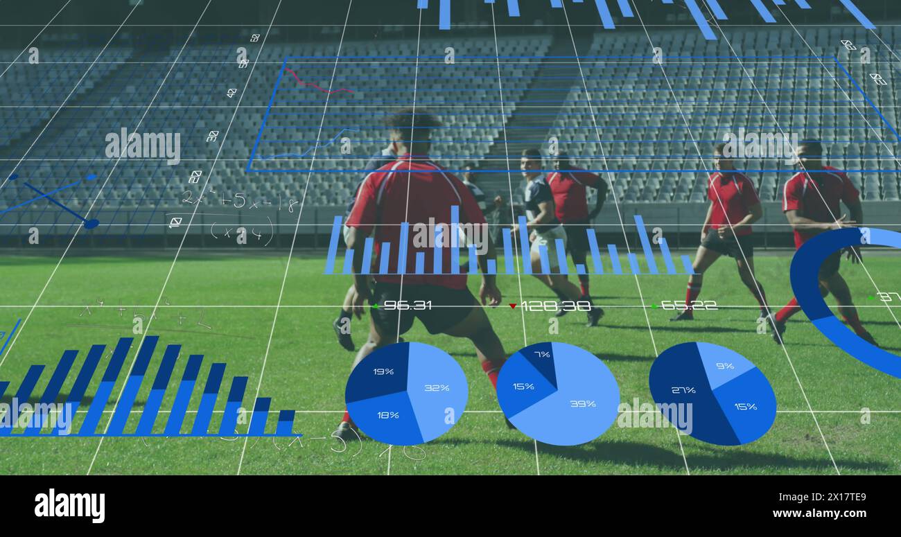 Image of graphs, data and statistics over two multi-ethnic rugby teams ...