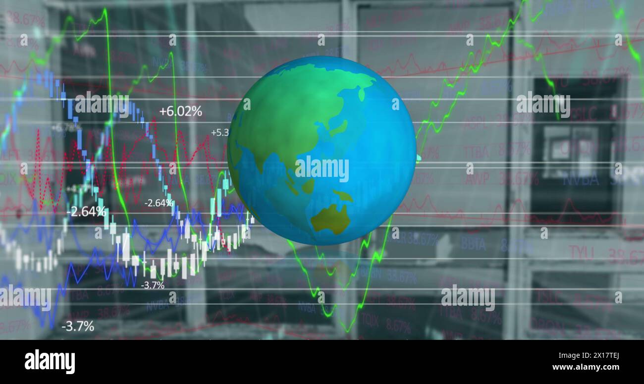 Spinning globe icon over stock market and financial data processing against empty office Stock ...