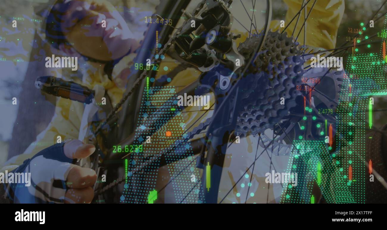 Image of financial data recording over man fixing wheel of his bike ...