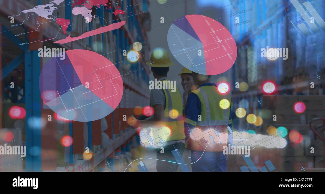 Image of data processing over warehouse workers scanning in shipping ...