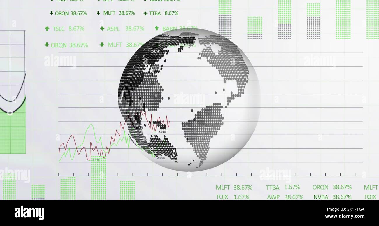 Spinning globe icon and stock market and financial data processing against white background ...