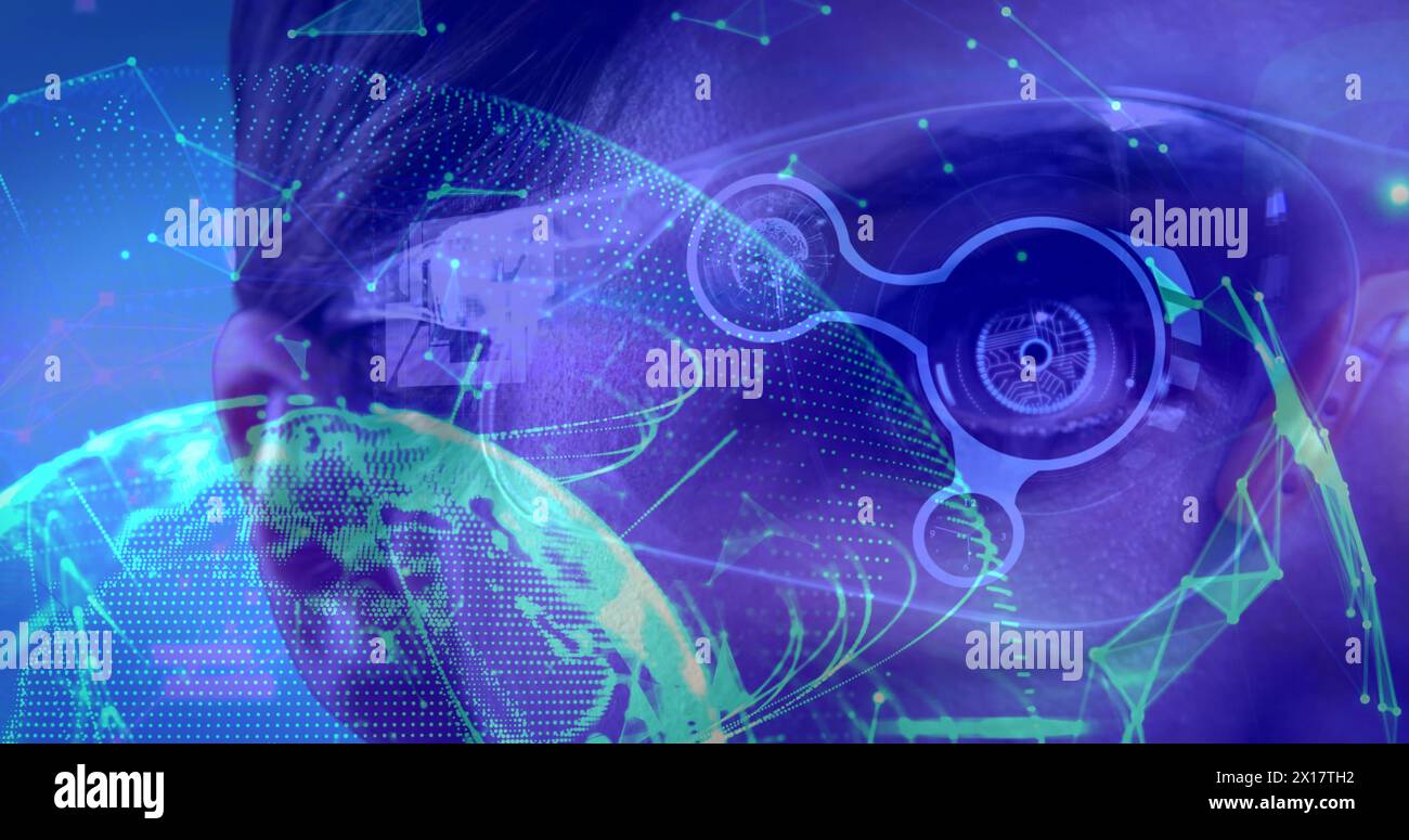 Image of globe and network of connections over eye of man in vr glasses ...