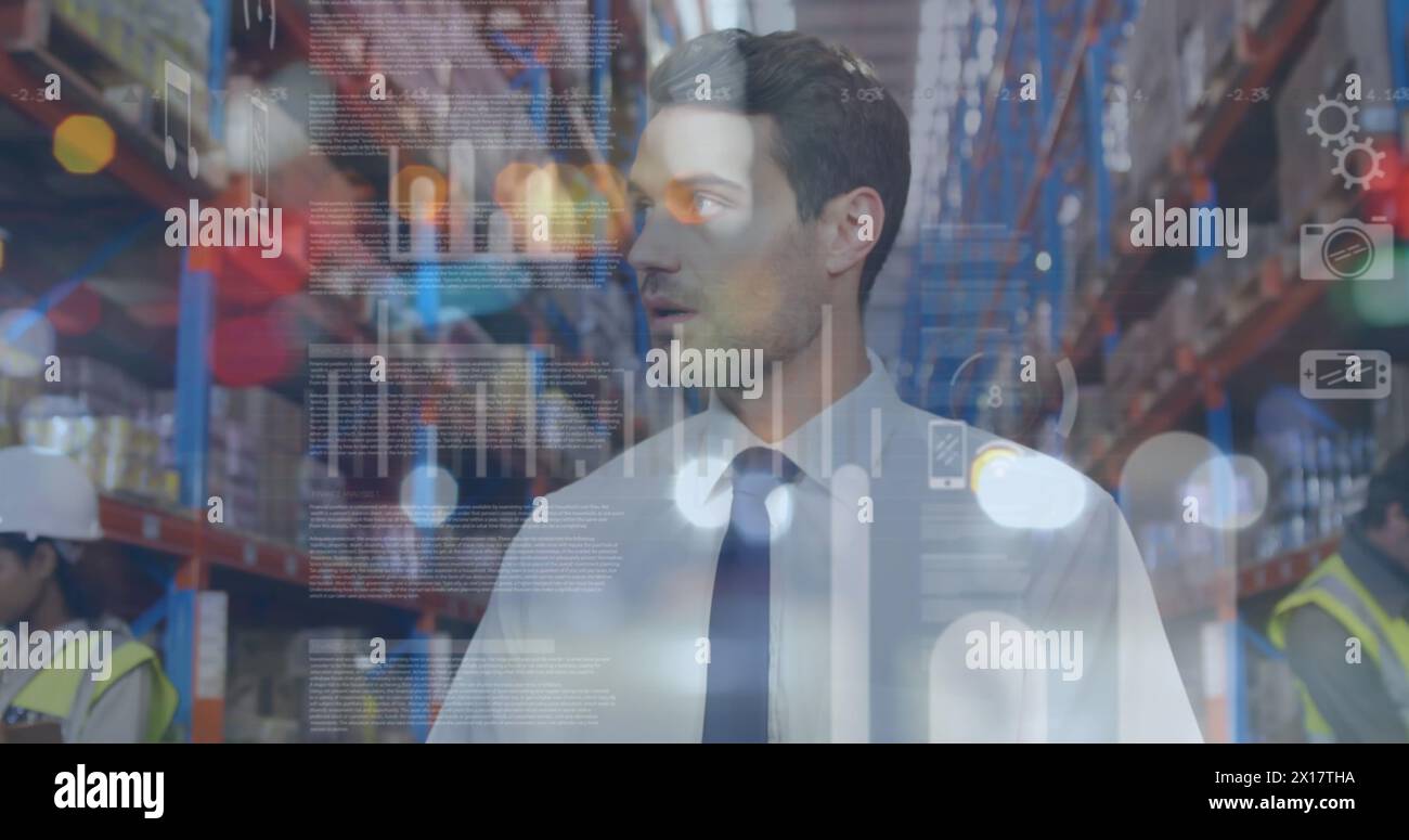 Image of data processing over warehouse worker using tablet in shipping ...