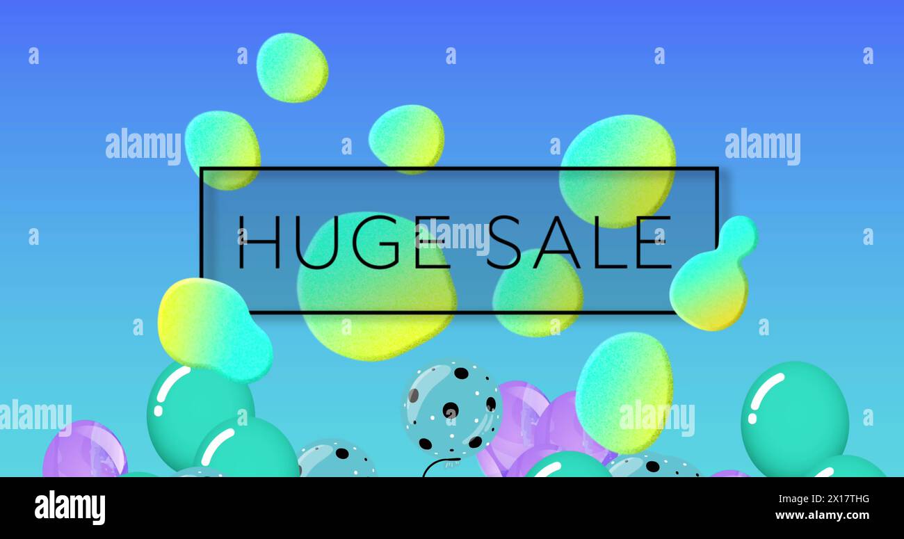 Image of huge sale text over blobs and balloons on blue background ...