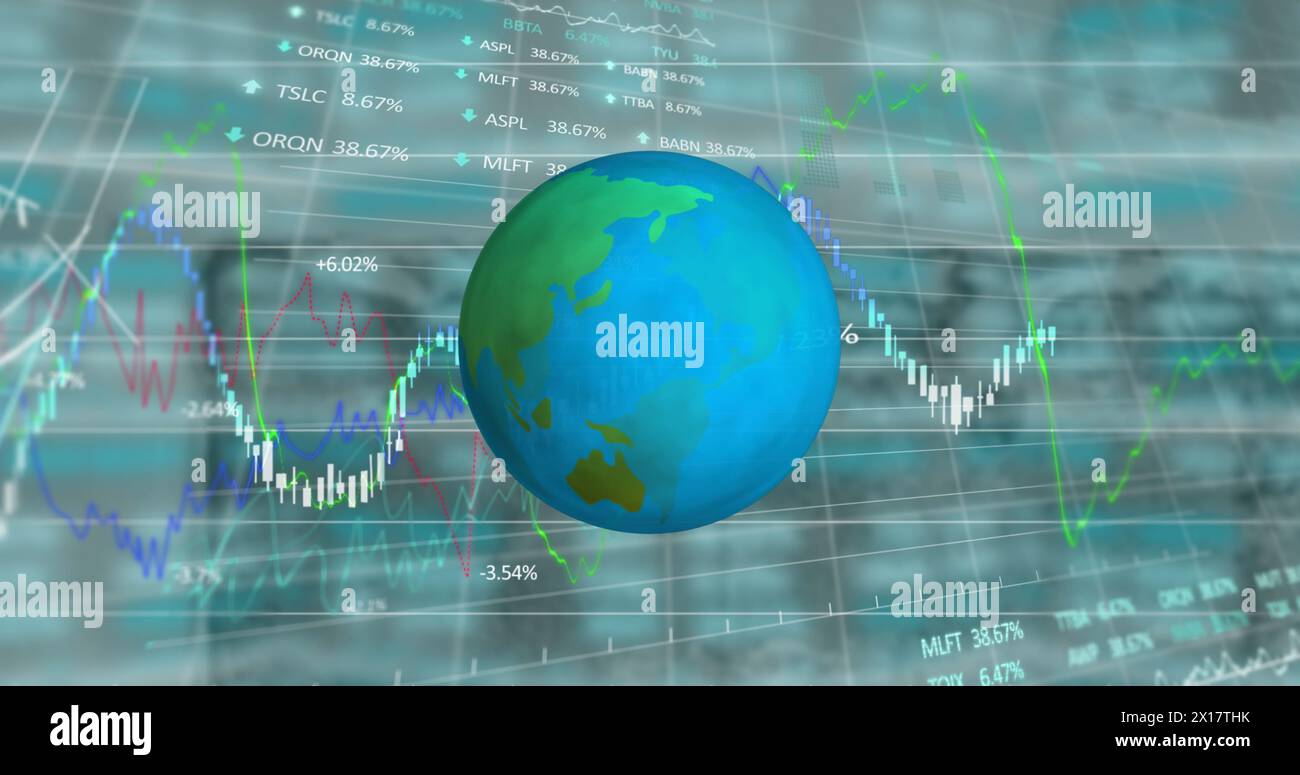 Spinning globe icon over stock market and financial data processing ...