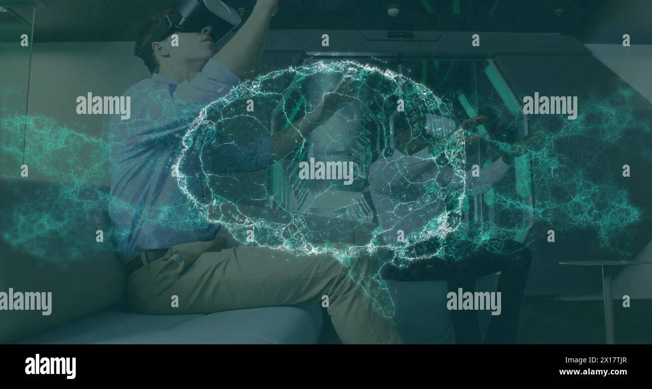 Image of human brain and network of connections over woman wearing vr ...