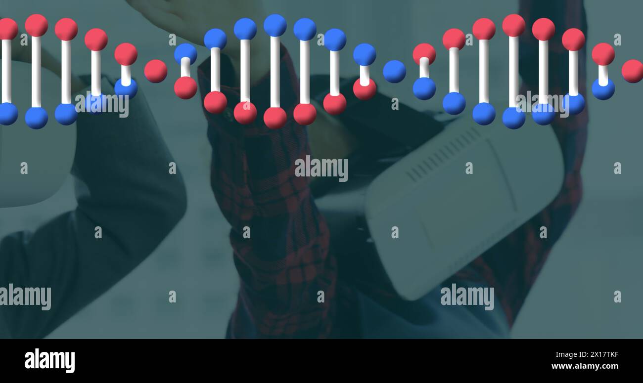 Image of spinning dna strand over kids wearing vr headsets Stock Photo ...