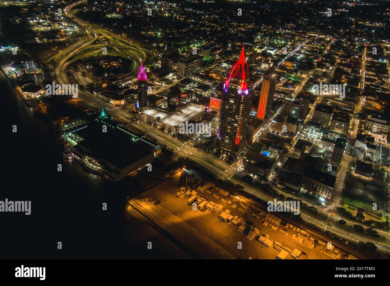 Aerial view of the Downtown Mobile, Alabama riverside at night Stock ...
