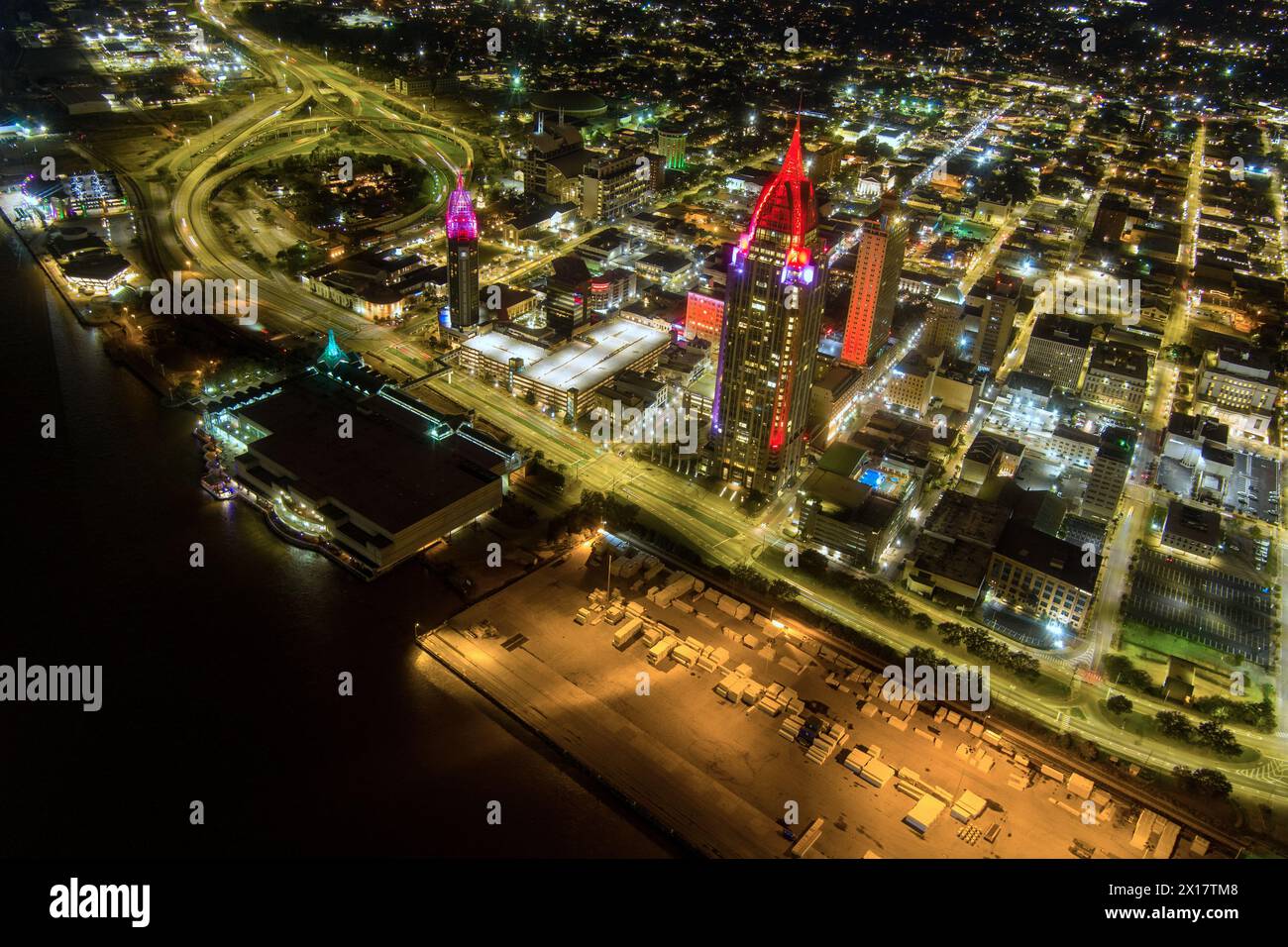 Aerial view of the Downtown Mobile, Alabama riverside at night Stock ...