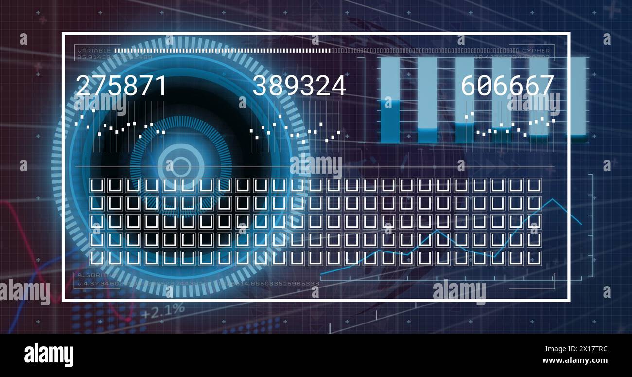 Image of processing circle, graphs and financial data on digital screen ...