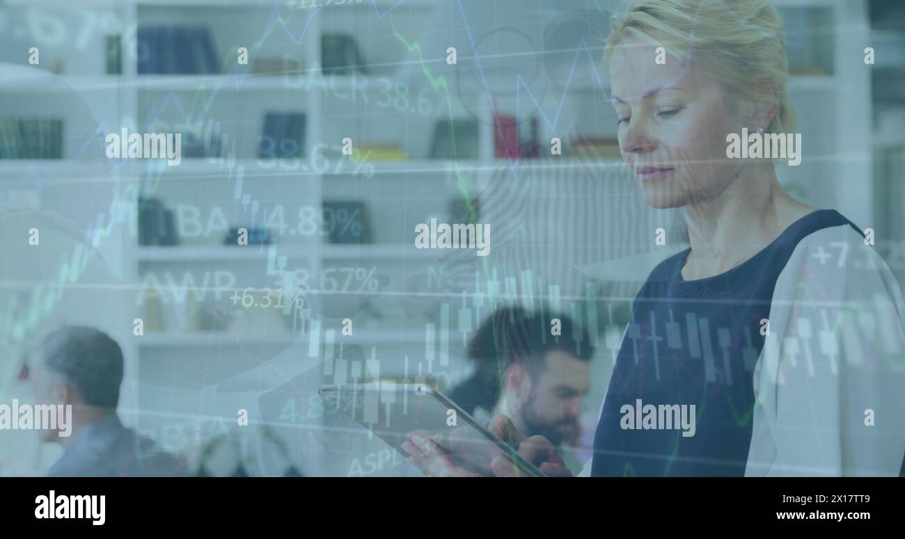 Image of digital icons over businessman using tablet. Global education connections data ...