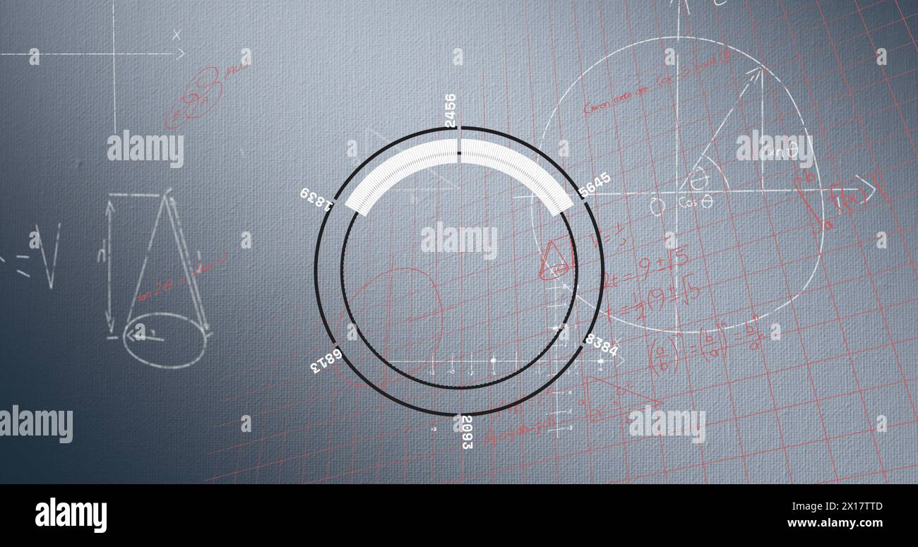 Image of scope scanning over mathematical equations on grey background ...