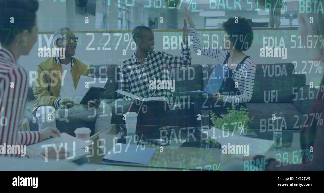 Image of trading board over diverse coworkers discussing reports and ...