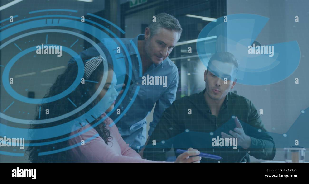 Image of scope scanning over diverse business people talking in office ...