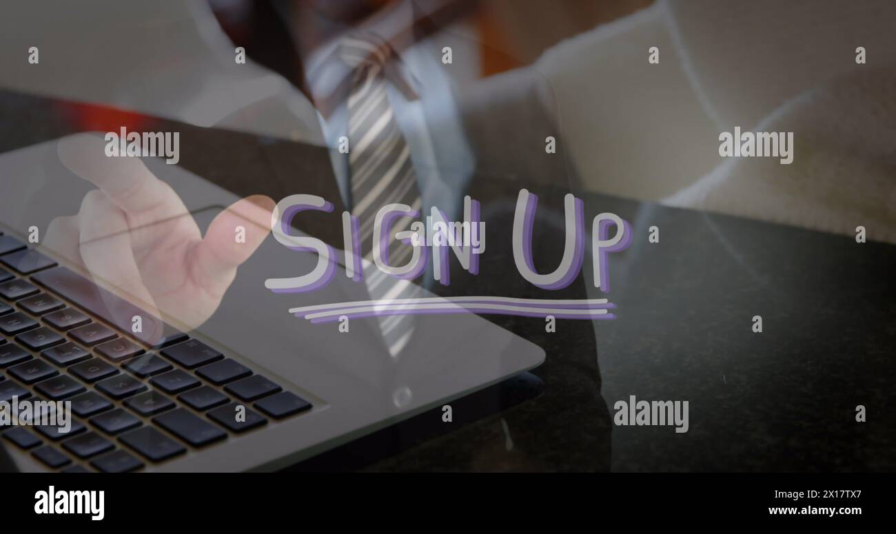 Image of icons, sign up text, midsection of man touching screen ...