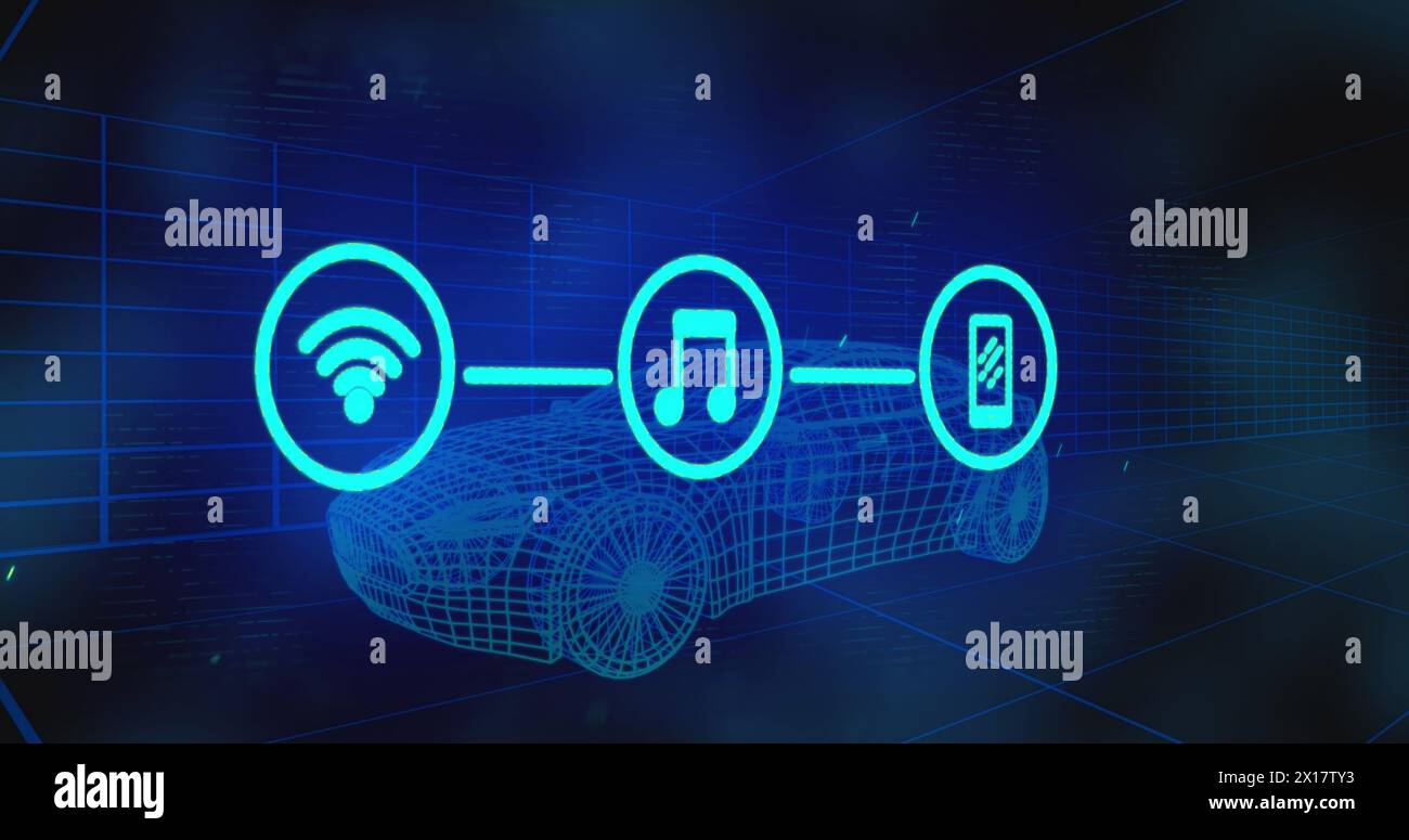 Image of connected icons over 3d model of car against black background ...