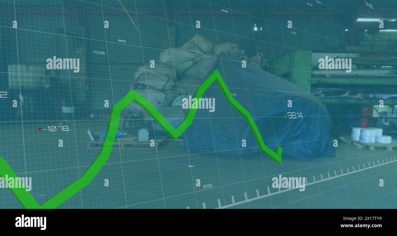 Image of line graph and numbers moving over abandoned factory with ...