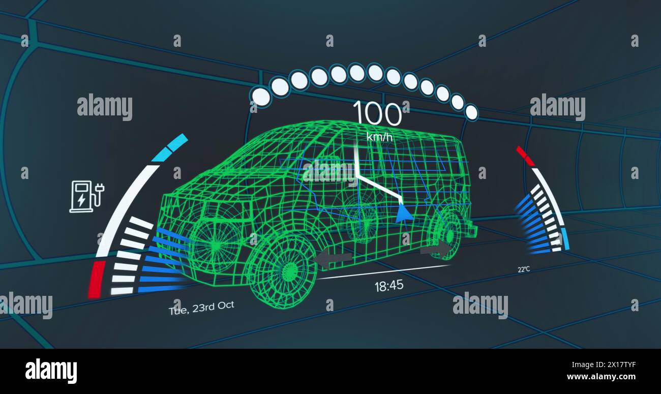 Image of loading speedometer over 3d model of van against black ...