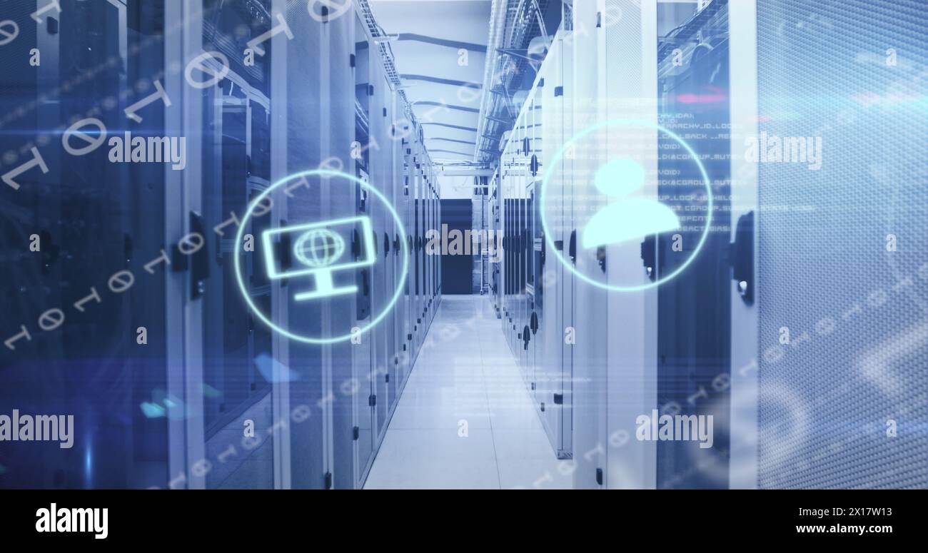 Image of digital icons, data processing and binary coding against server room Stock Photo - Alamy