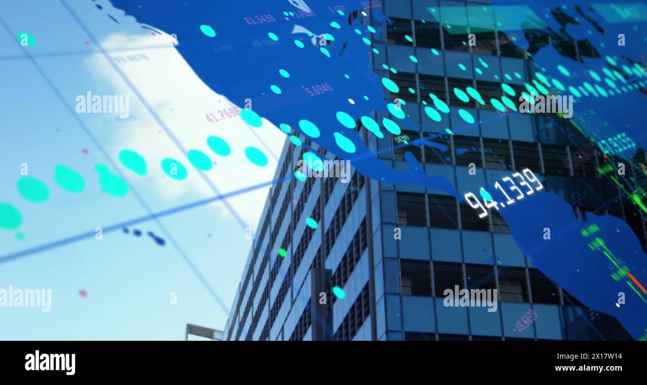 Image of map with numbers and dots moving over modern office building ...