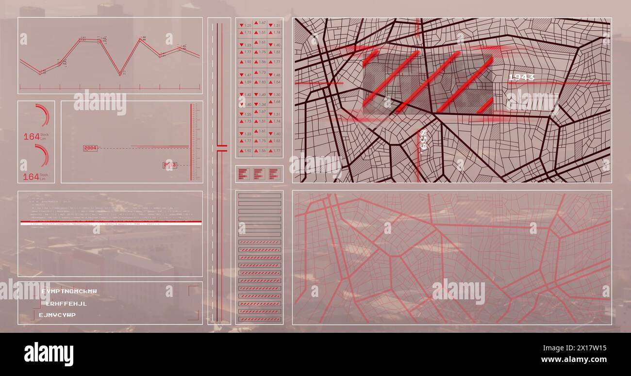 Image Of Graph Loading Circles Bars Navigation Pattern And Computer Language Over Modern City