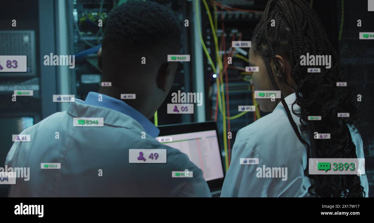 Image of notification bars over african american engineers discussing ...