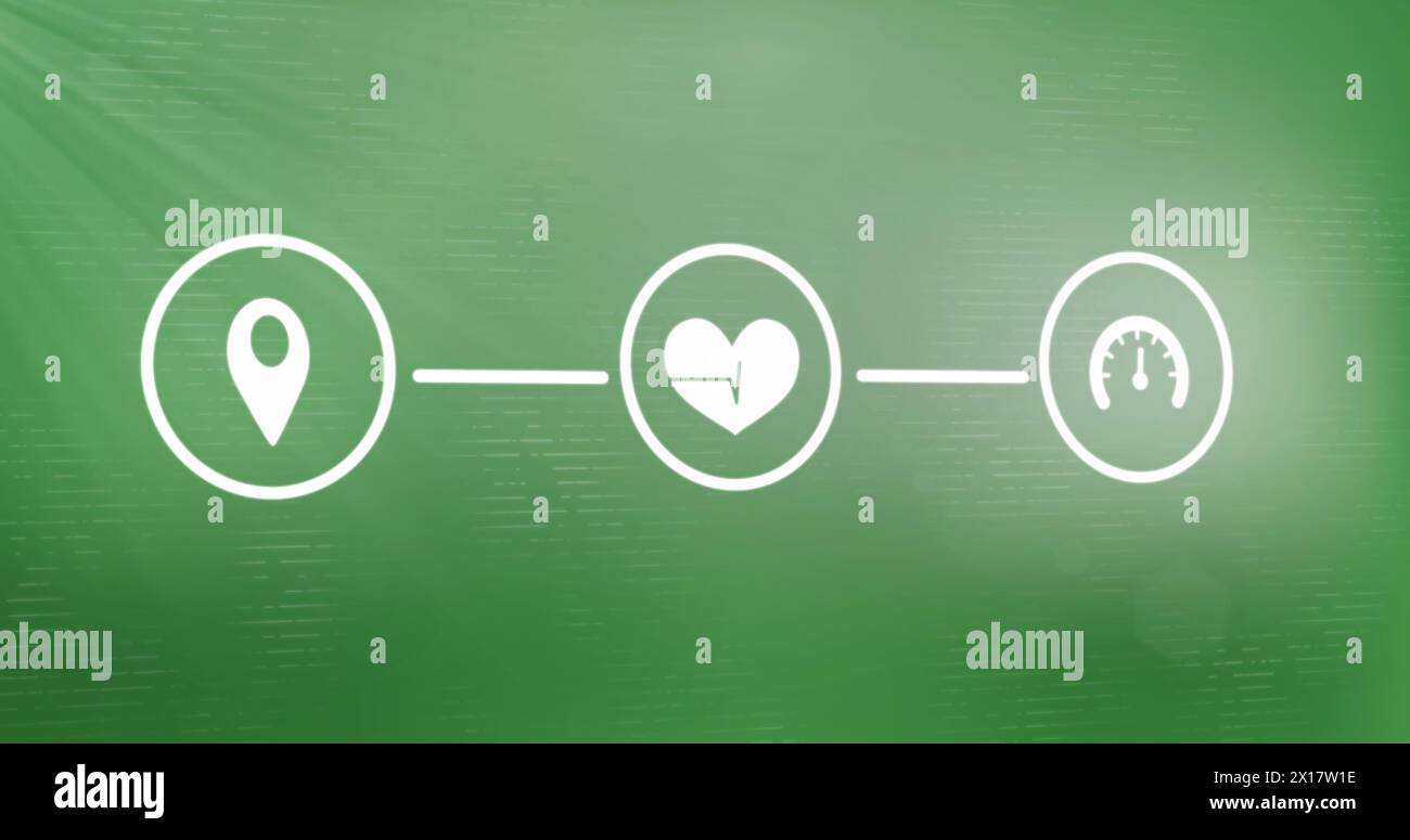 Image of gps, heart pulse and speedometer icons forming flowchart on ...