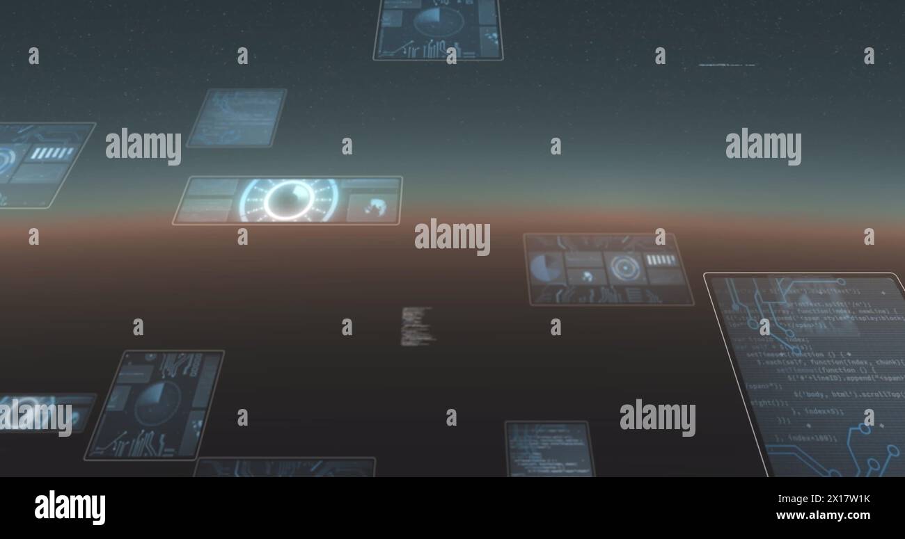 Image of hud screens with graphs and computer language on abstract ...