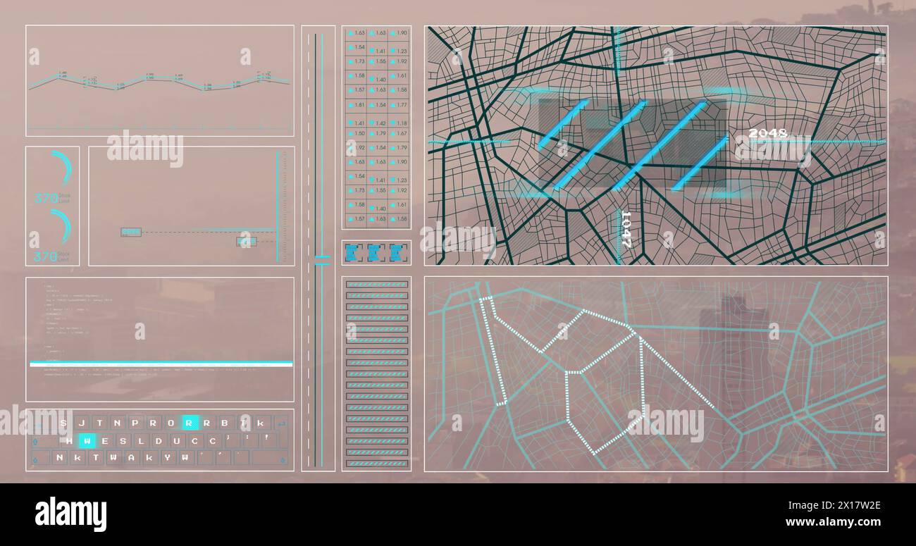 Image Of Graph Loading Circles Bars Navigation Pattern And Computer Language Over Modern City