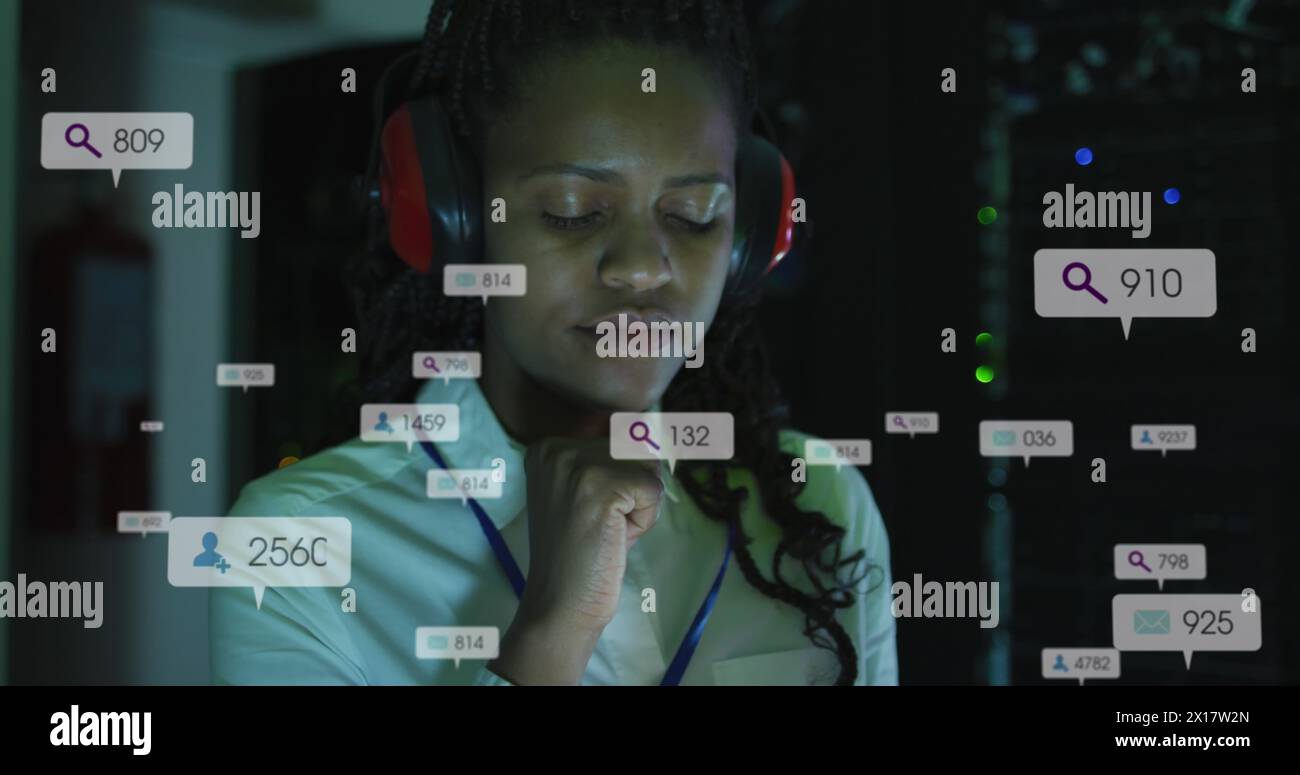 Image of notification bars over african american woman with headphone ...