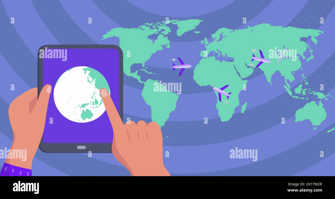 Image of airplanes flying over map and hands rotating globe on digital ...