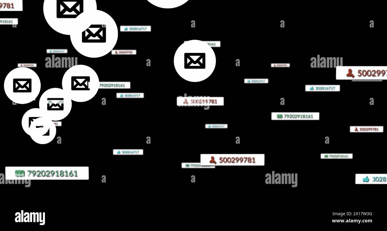 Image of notification and message icons moving on black background ...