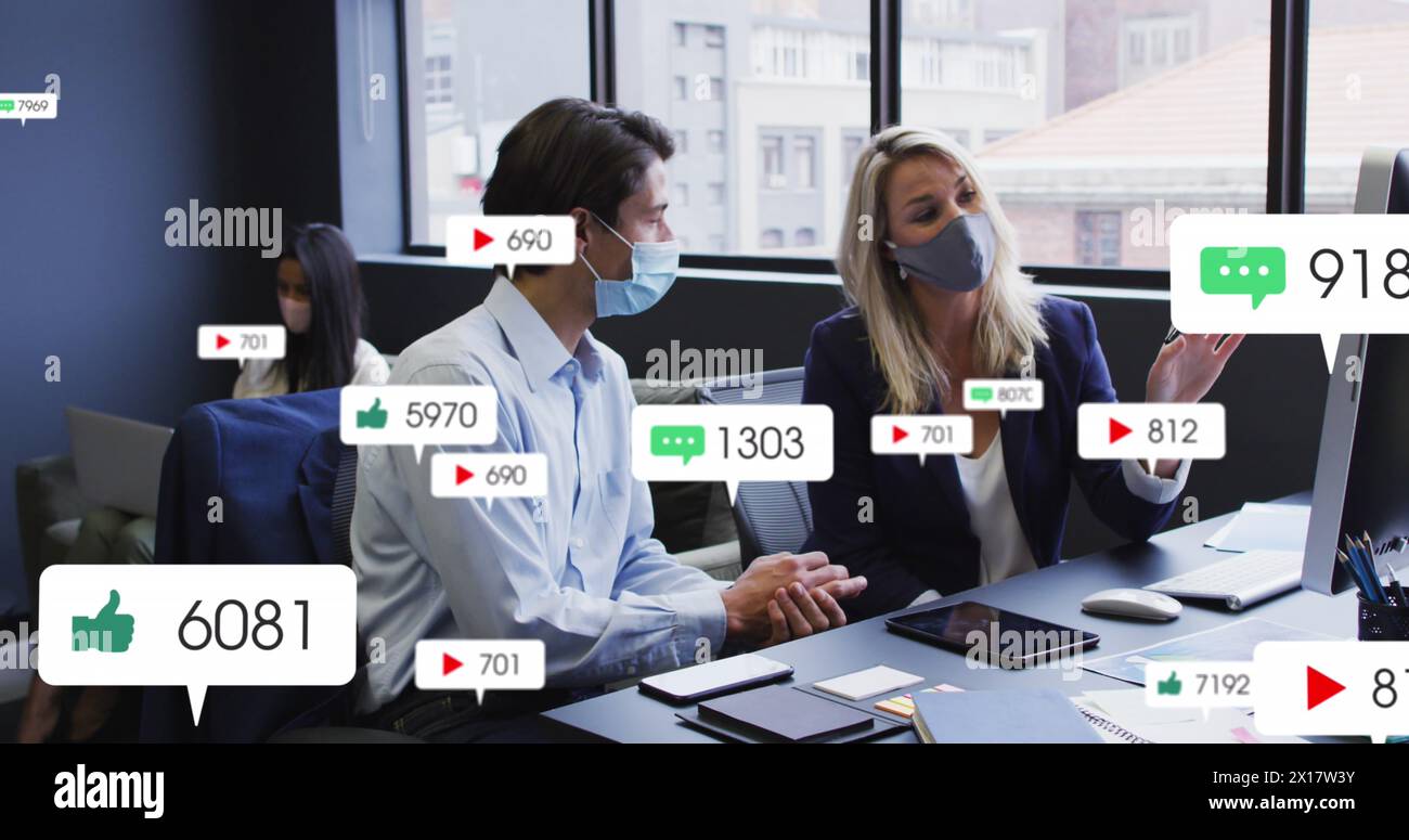 Image of social media icons over diverse man and woman wearing face ...