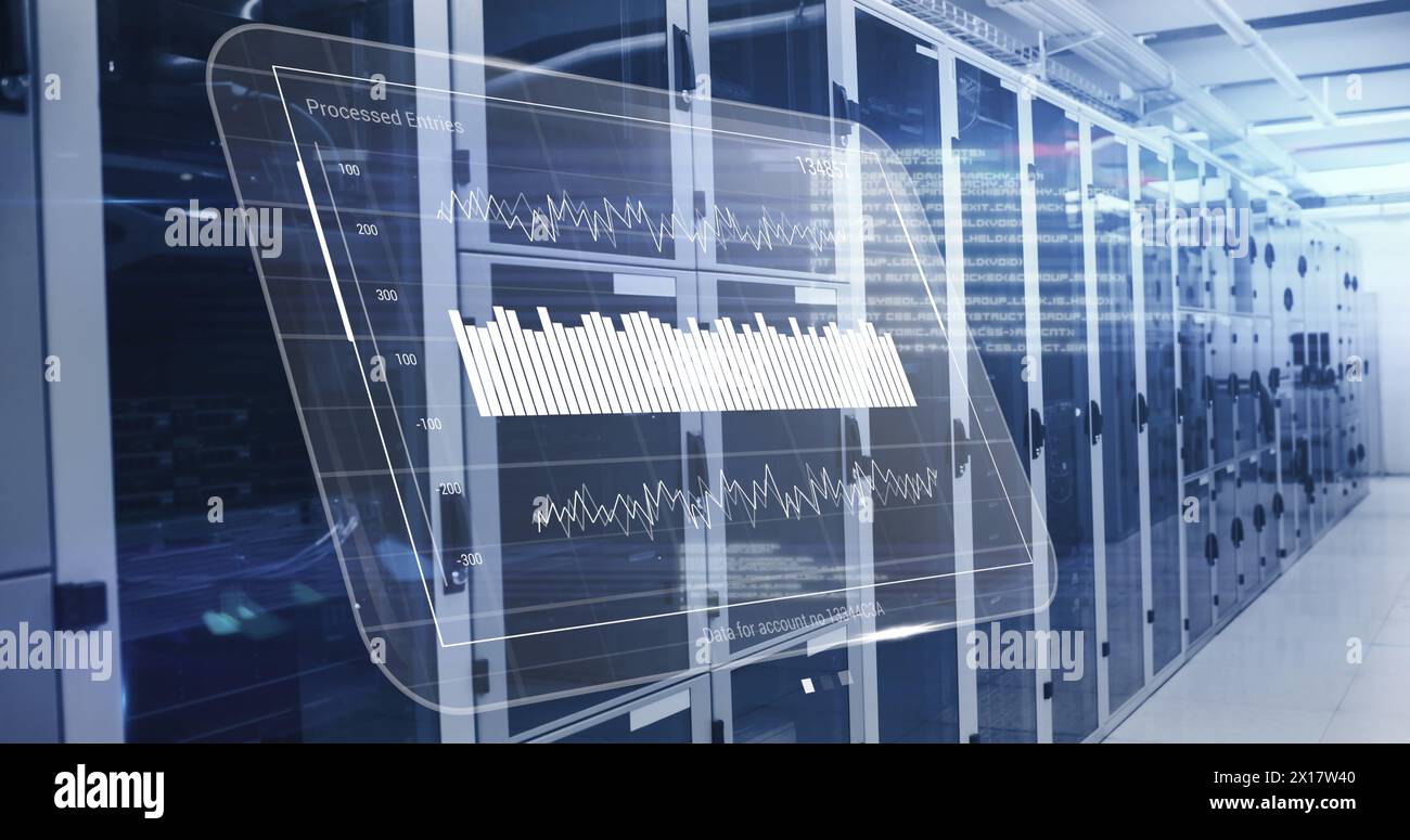 Image of interface with data processing and light spots against computer server room Stock Photo ...