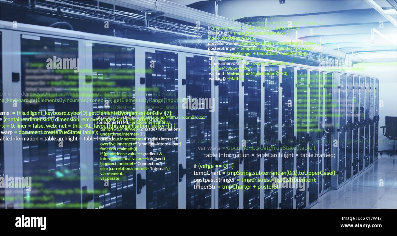 Image of data processing and mosaic squares against computer server room Stock Photo - Alamy