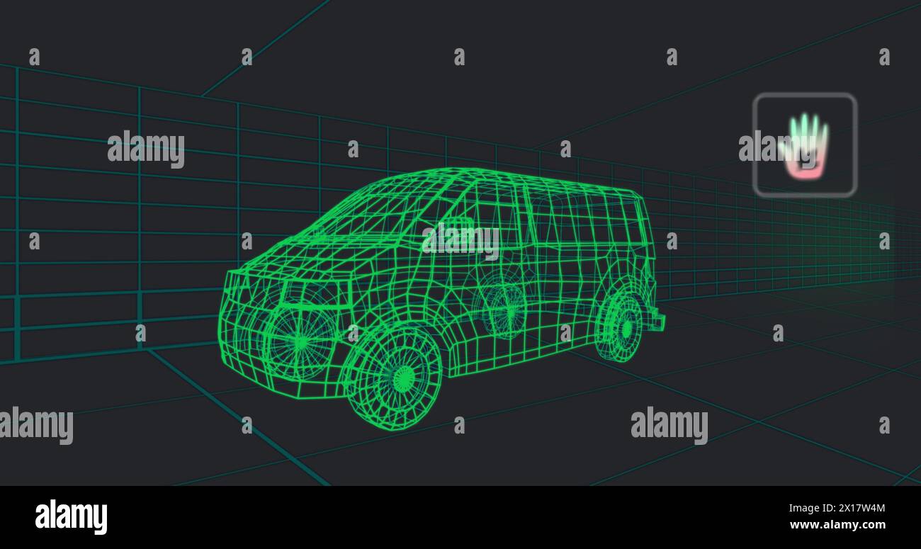 Image of multiple digital icons over 3d van model moving in seamless ...