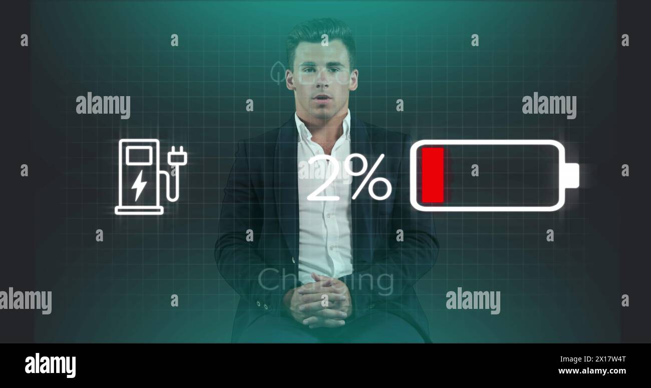 Image of car charging interface against caucasian businessman talking ...