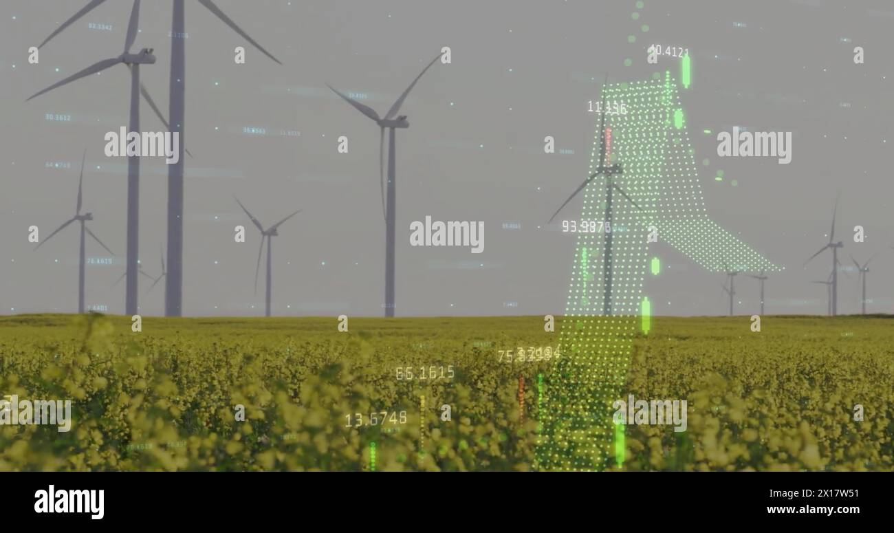 Image of diagrams and data processing over field with wind turbines Stock Photo - Alamy