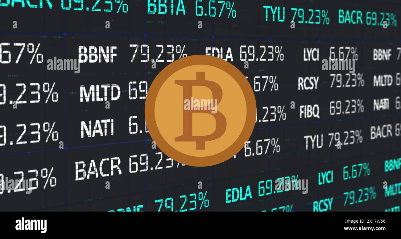 Image of bitcoin over shapes and stock market on black background Stock ...