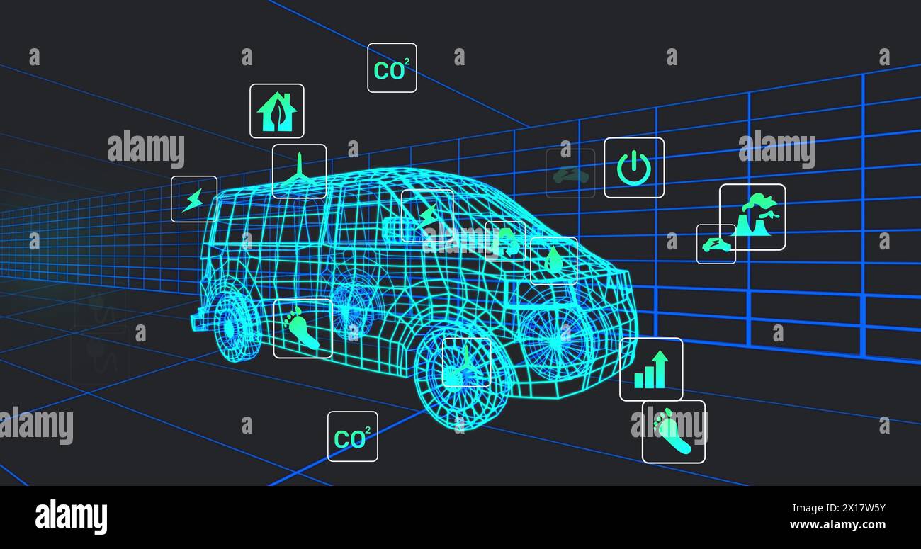 Image of multiple digital icons over 3d van model moving in seamless ...