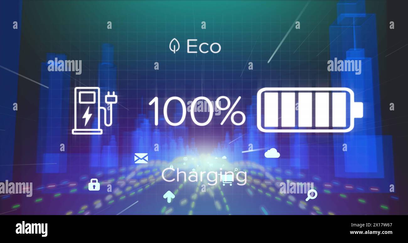 Image of car charging interface and digital icons over light trails ...
